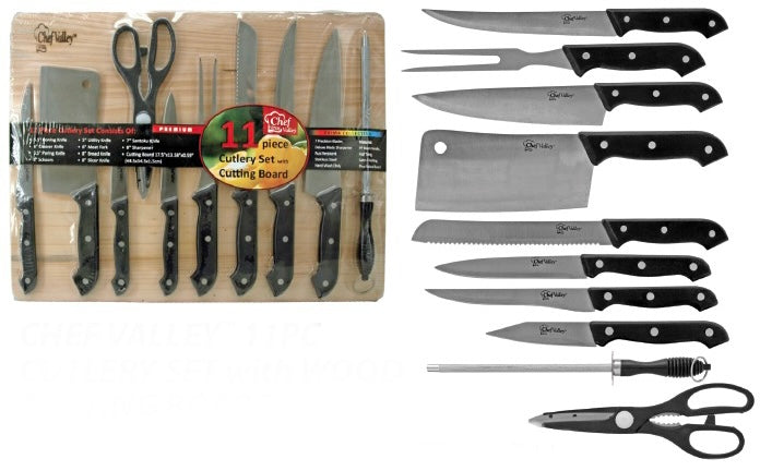 Chef Valley 11-Piece Cutlery Set w/ Wood Cutting Board | RPS Satellite